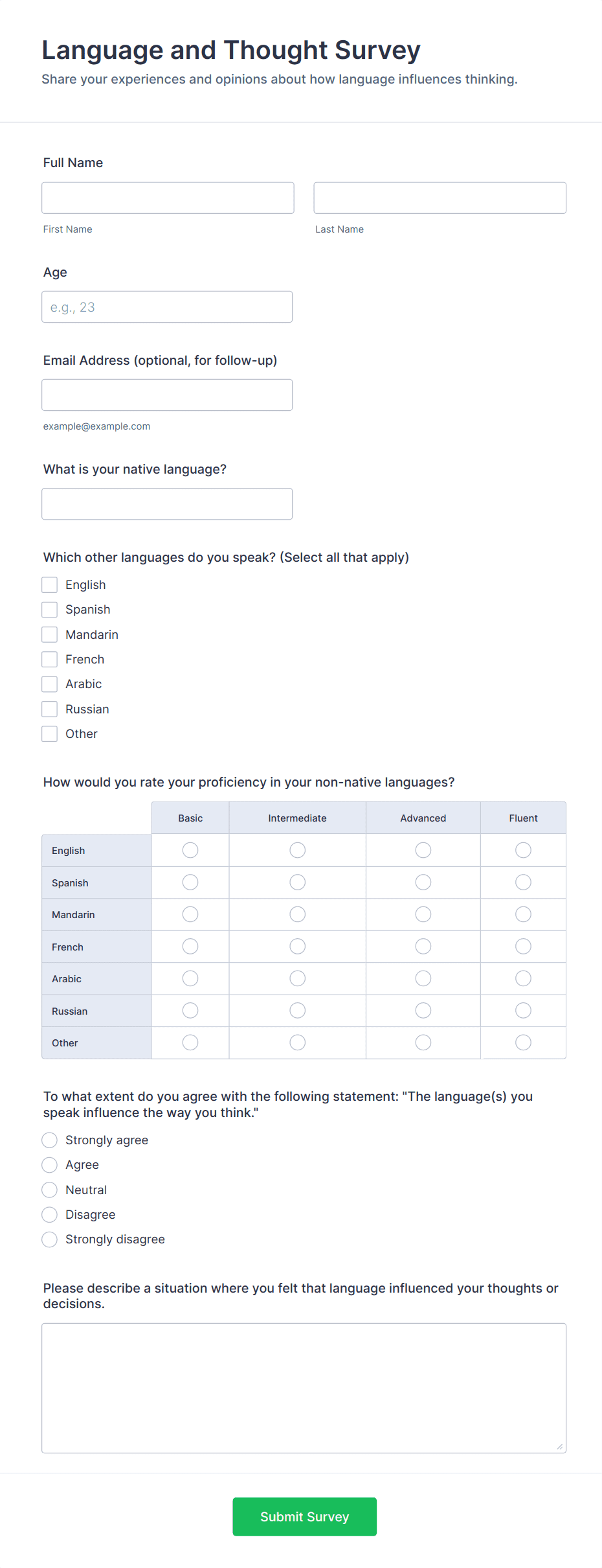 Language and Thought Survey Form Template | Jotform
