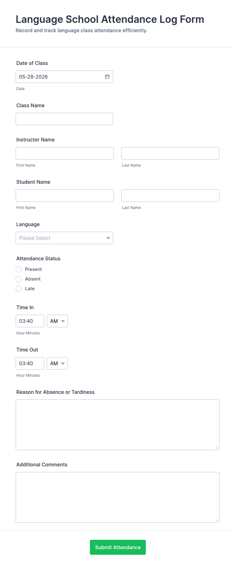 Language School Attendance Log Form Template | Jotform