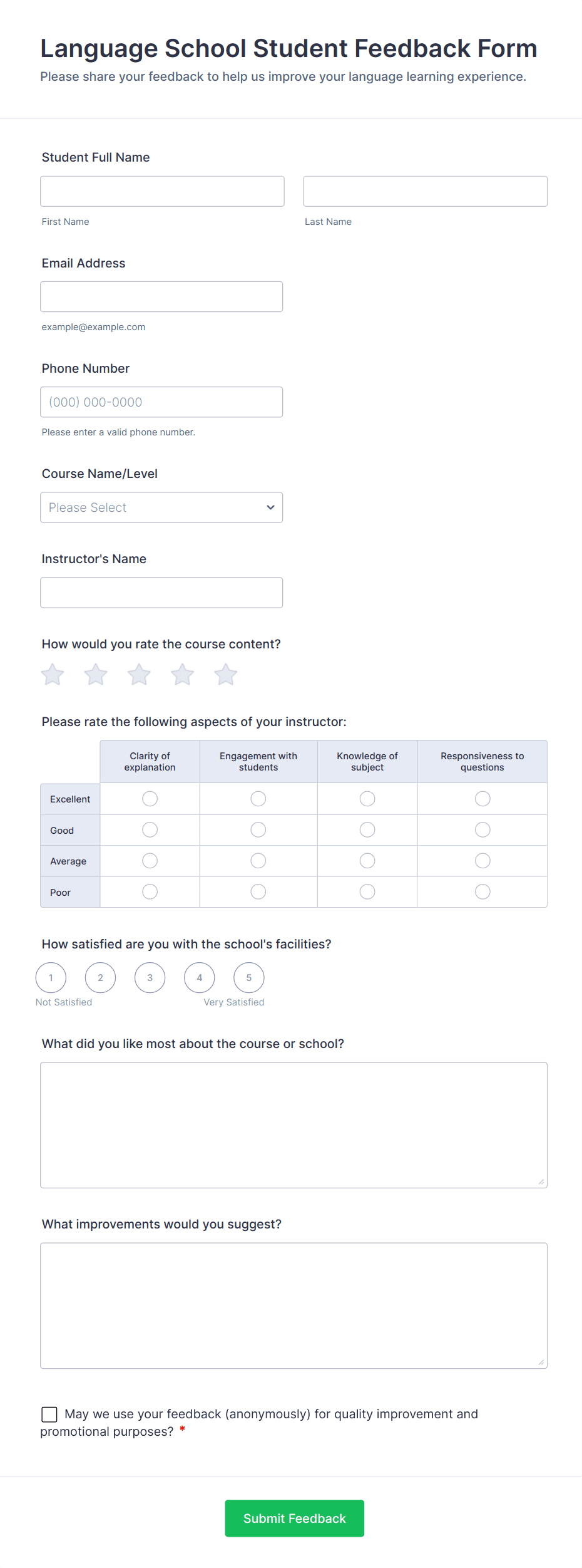Language School Student Feedback Form Template | Jotform