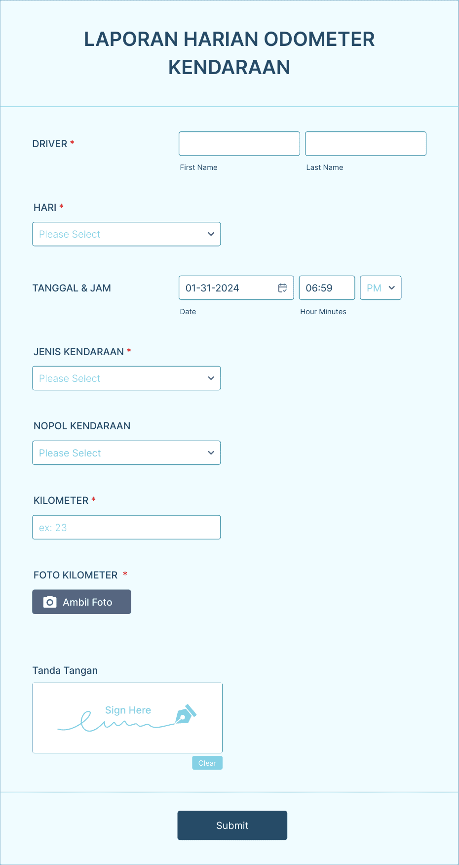 Laporan Harian Odometer Kendaraan Template Formulir | Jotform