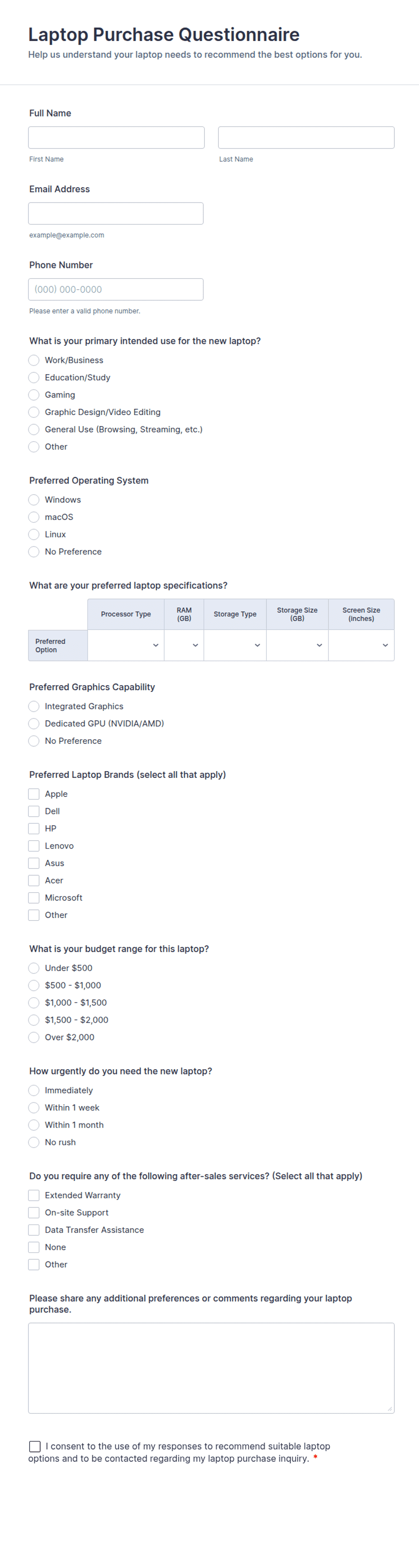 Laptop Purchase Questionnaire Form Template | Jotform