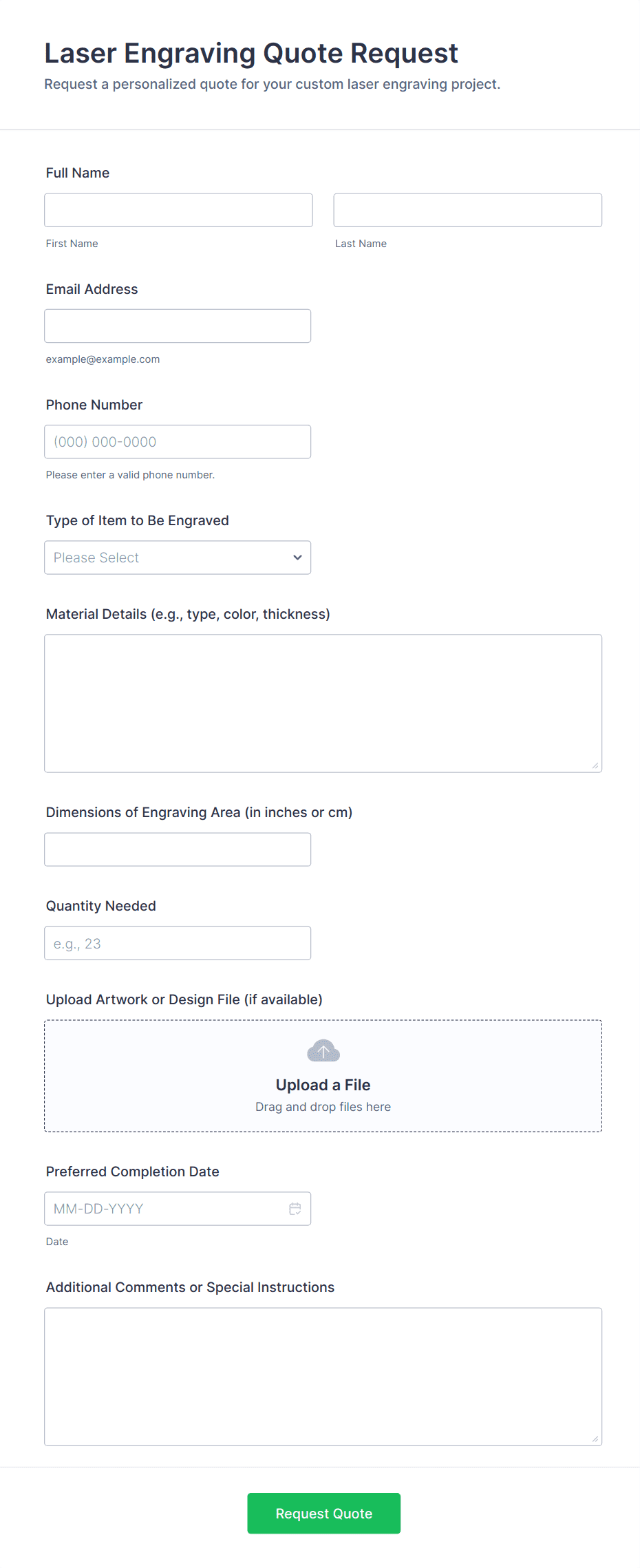 Laser Engraving Quote Request Form Template | Jotform