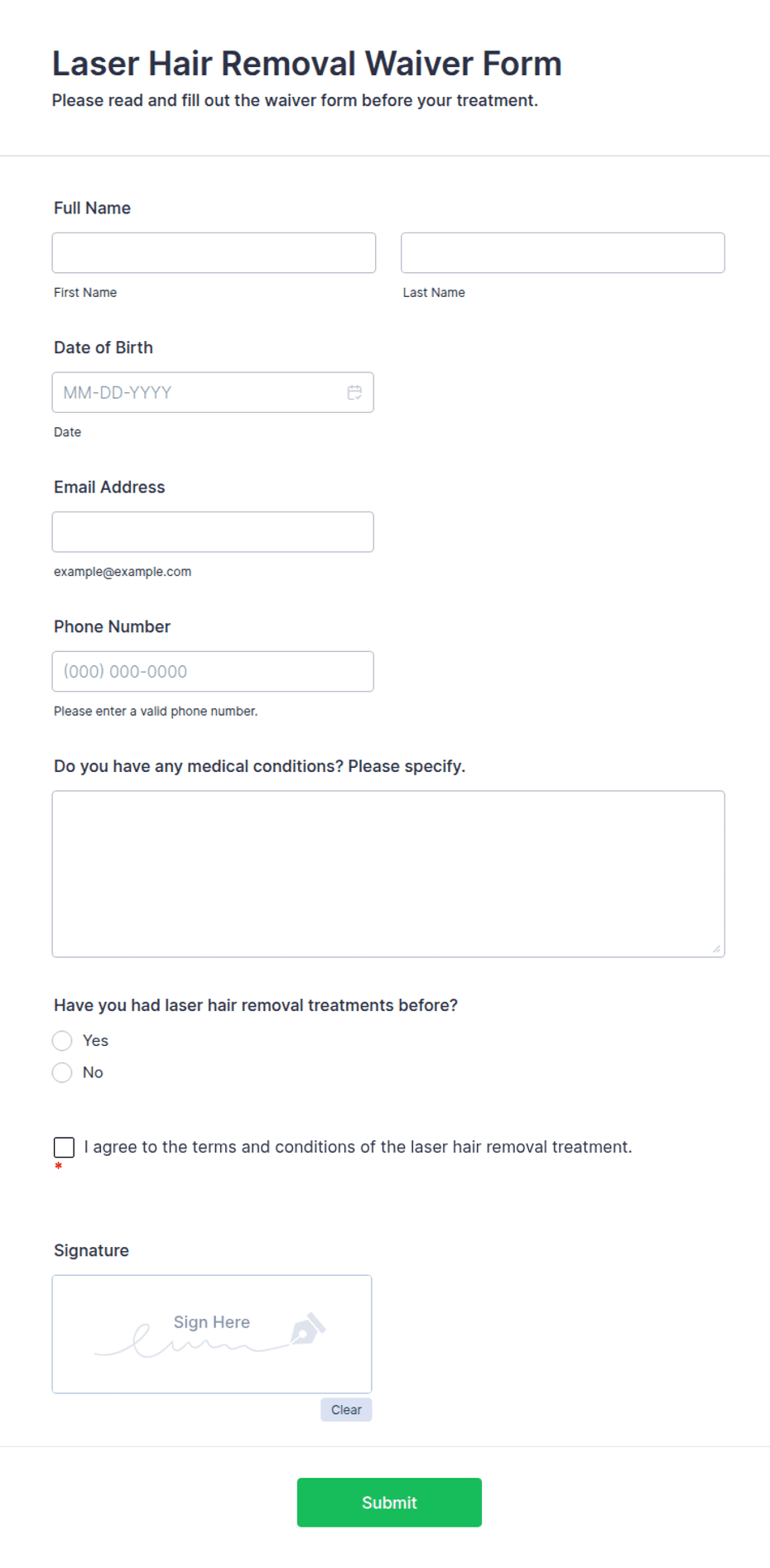 Laser Hair Removal Waiver Form Template | Jotform