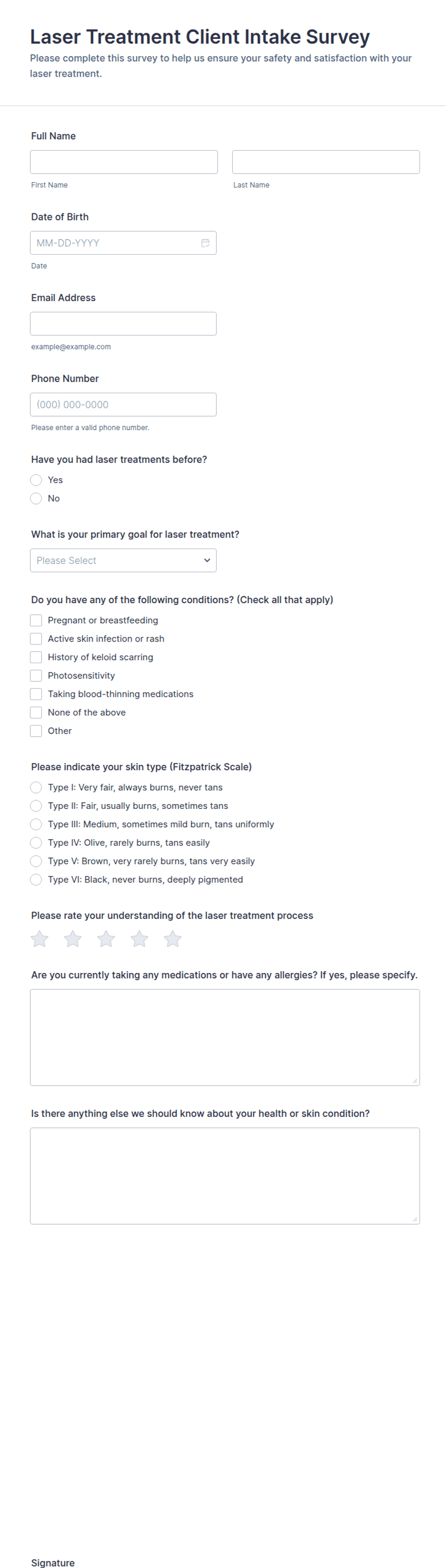 Laser Treatment Client Intake Survey Form Template | Jotform