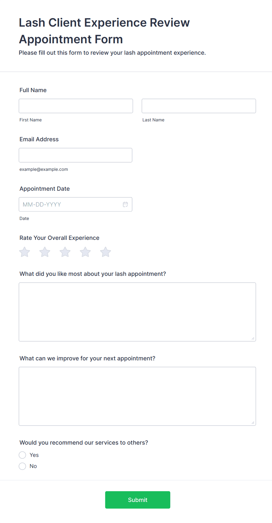 Lash Client Experience Review Appointment Form Template | Jotform