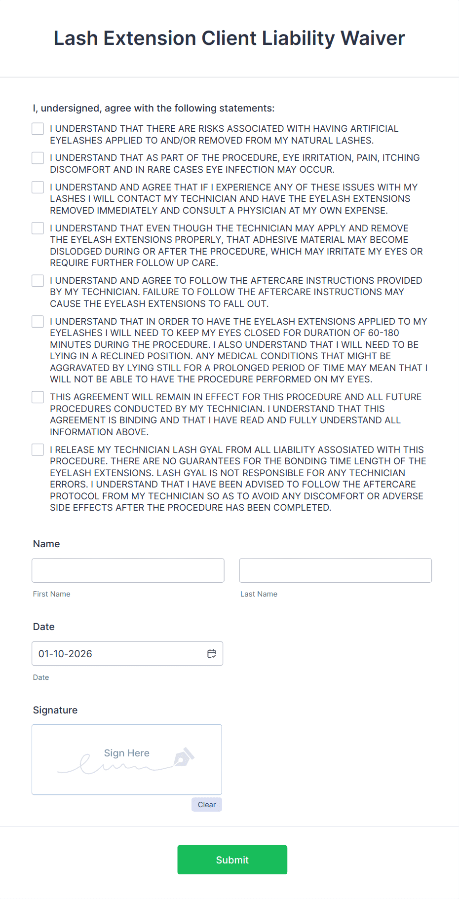 Lash Extension Client Liability Waiver Form Template | Jotform