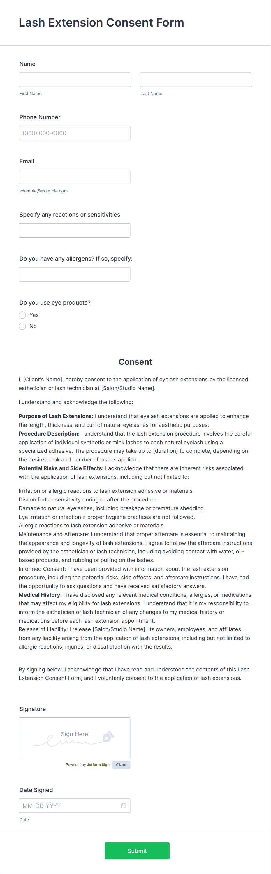 Lash Extension Consent Form Template | Jotform