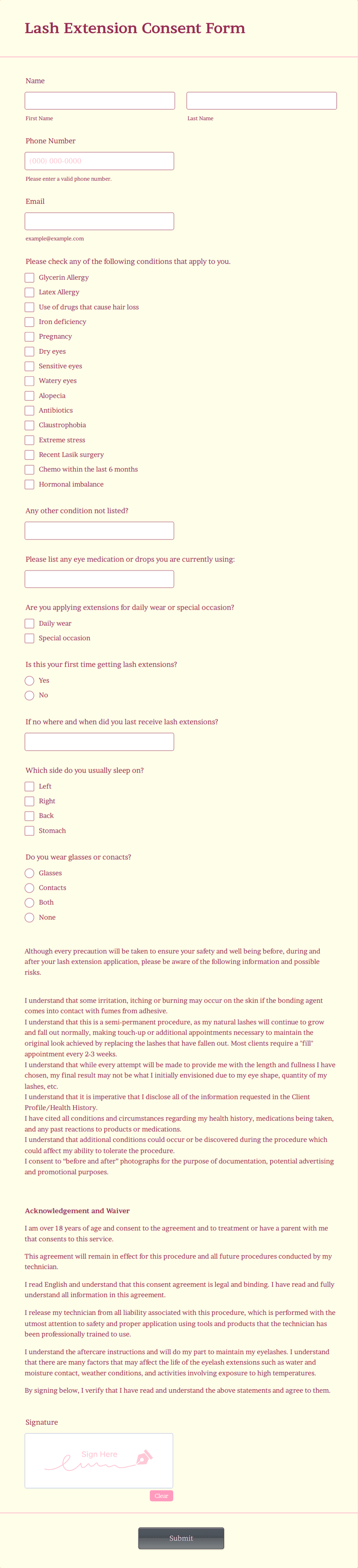 Lash Extension Intake Form Template | Jotform