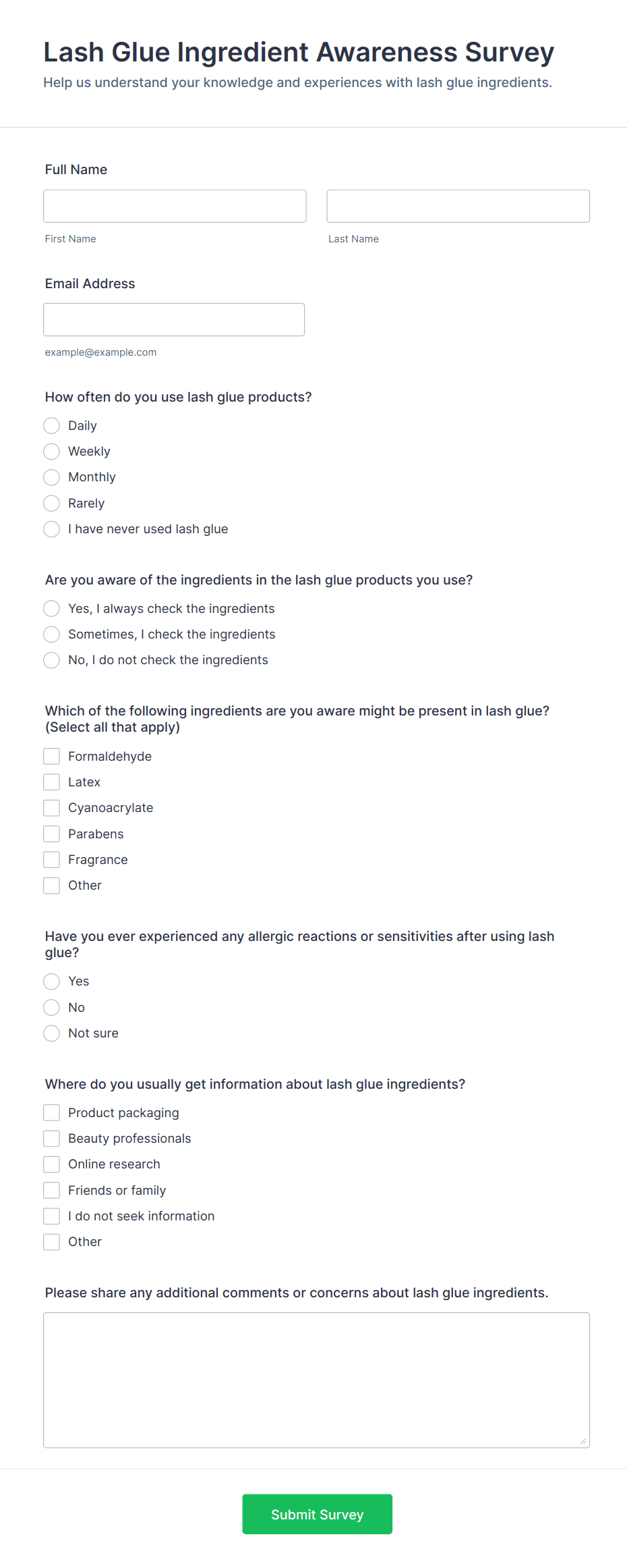 Lash Glue Ingredient Awareness Survey Form Template | Jotform