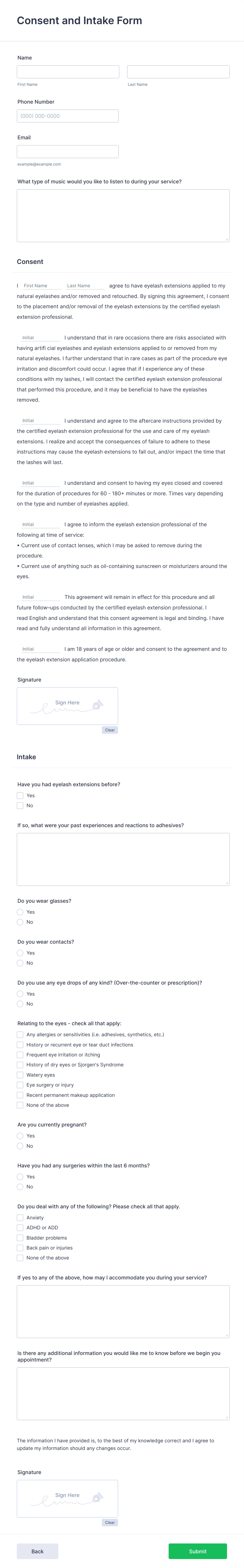 Lash Extension Consent and Intake Form Template | Jotform