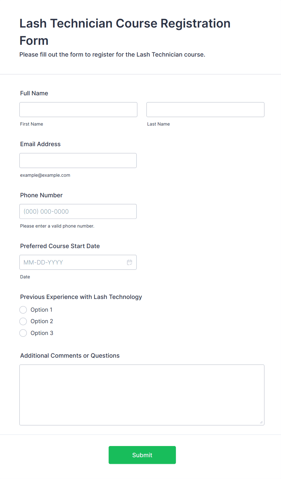 Lash Technician Course Registration Form Template | Jotform