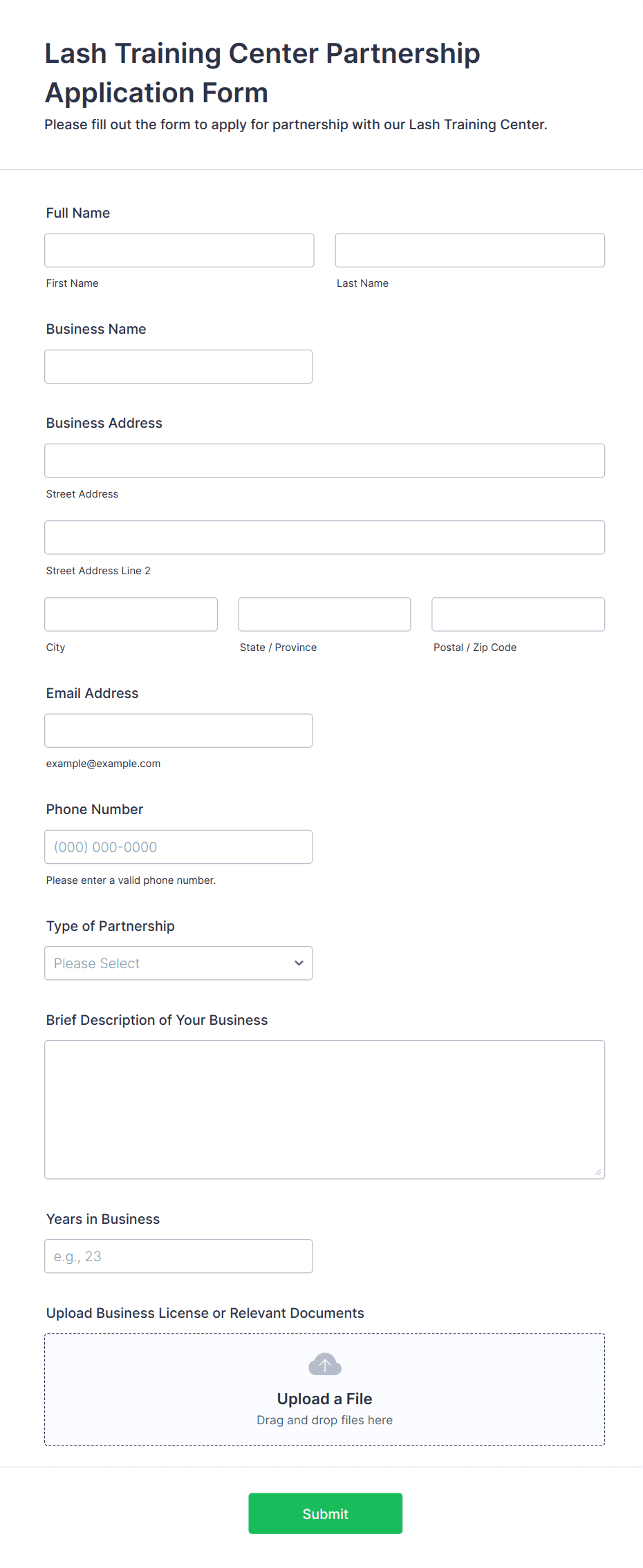 Lash Training Center Partnership Application Form Template | Jotform
