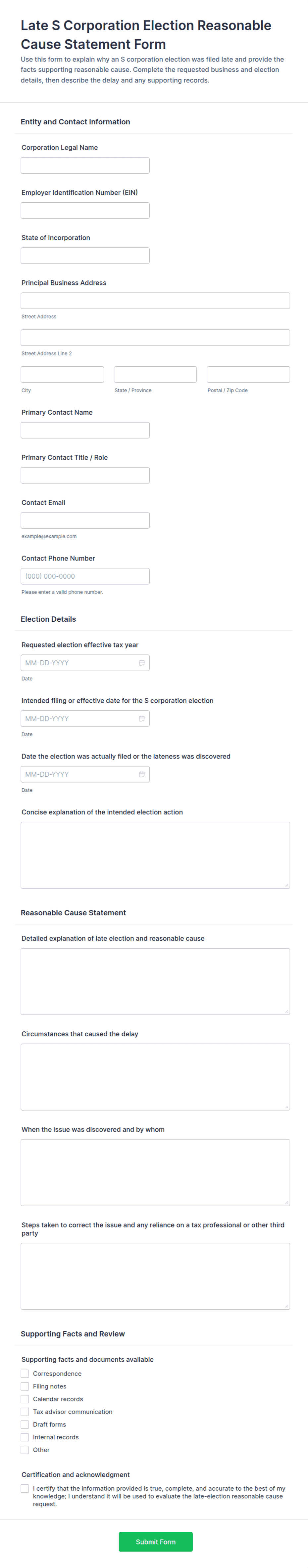 Late S Corporation Election Reasonable Cause Statement Form Template ...