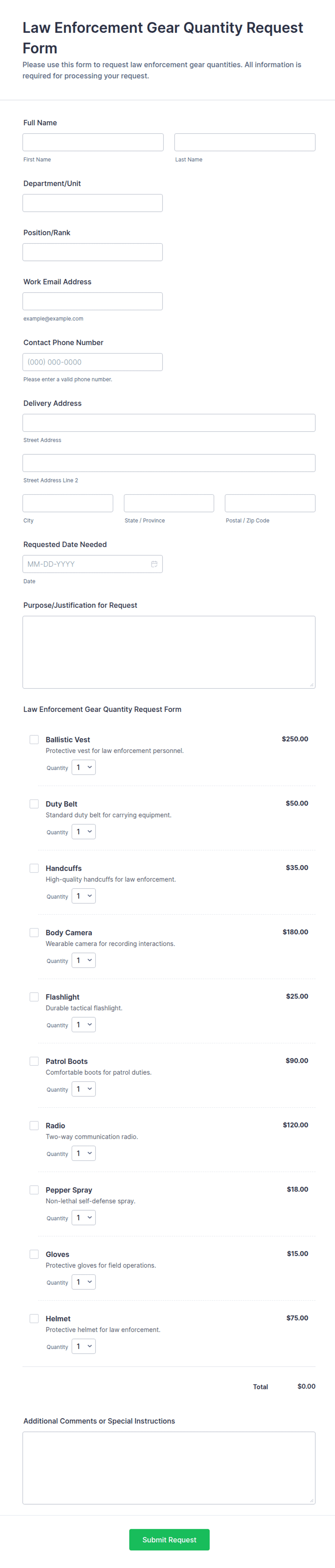 Law Enforcement Gear Quantity Request Form Template | Jotform