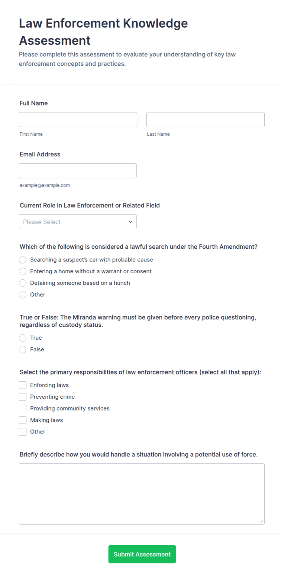 Law Enforcement Knowledge Assessment Form Template | Jotform