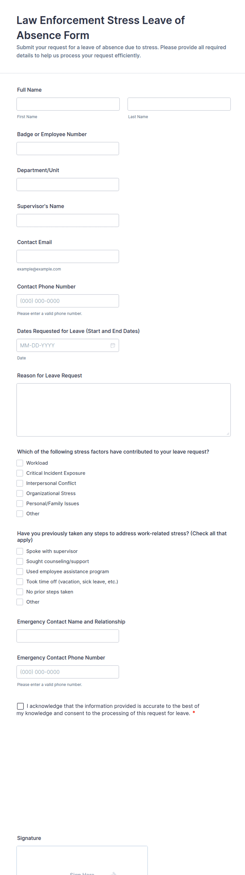 Law Enforcement Stress Leave of Absence Form Template | Jotform