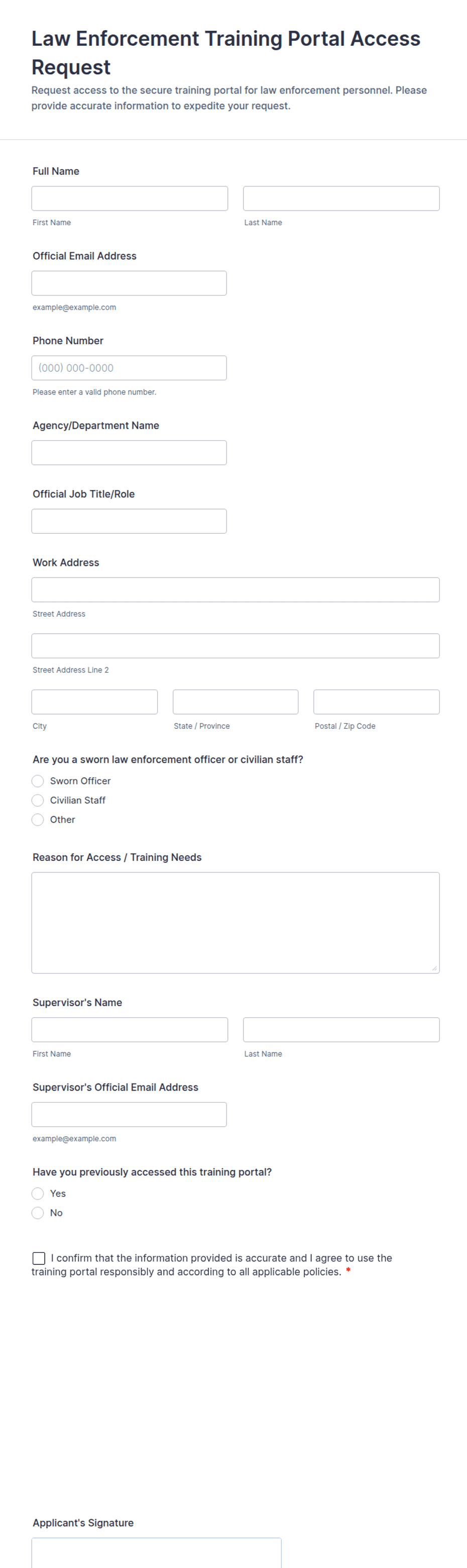 Law Enforcement Training Portal Access Request Form Template | Jotform