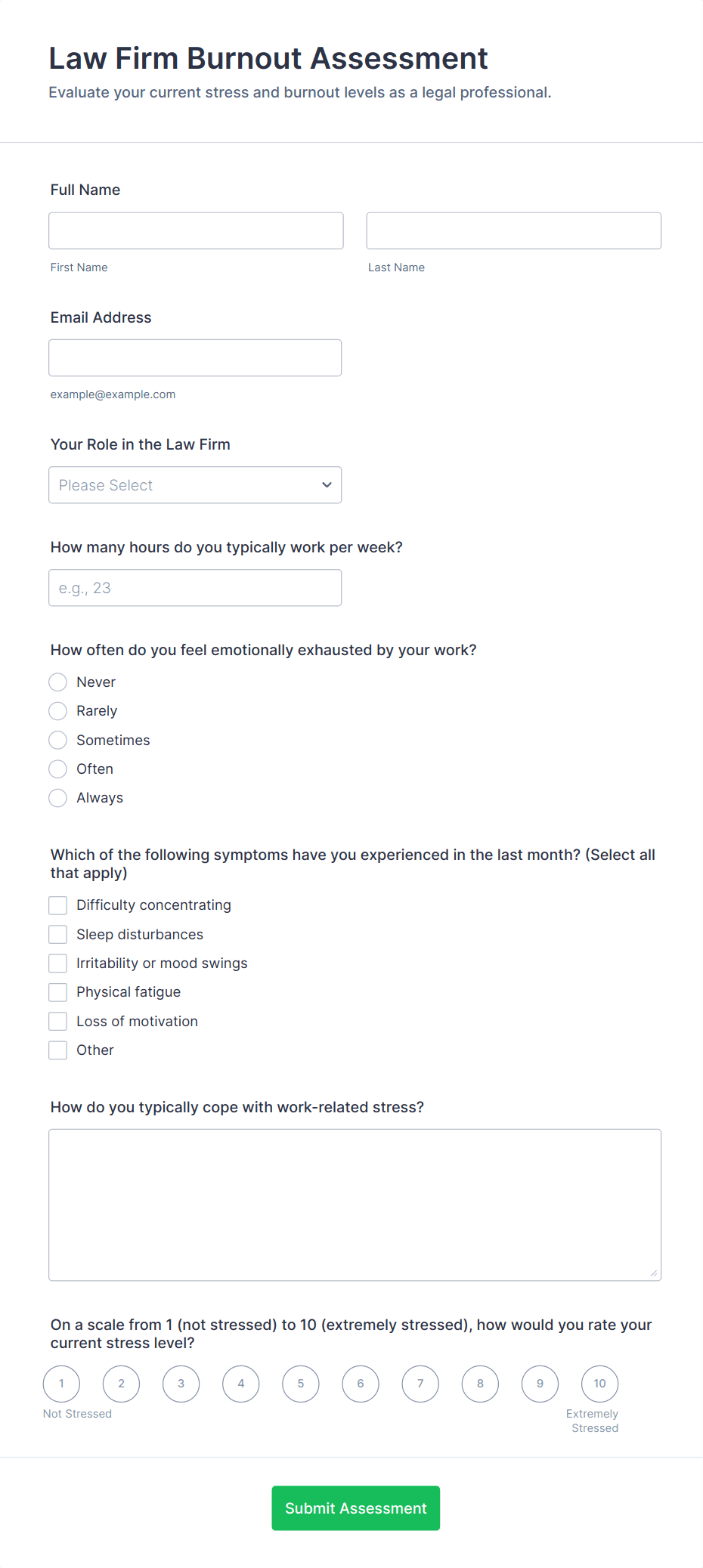 Law Firm Burnout Assessment Form Template | Jotform