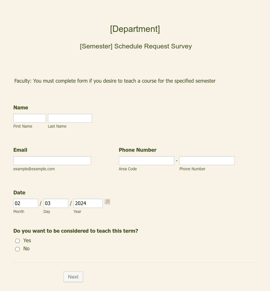 LCC [Department] [Semester] Schedule Request Form Template | Jotform