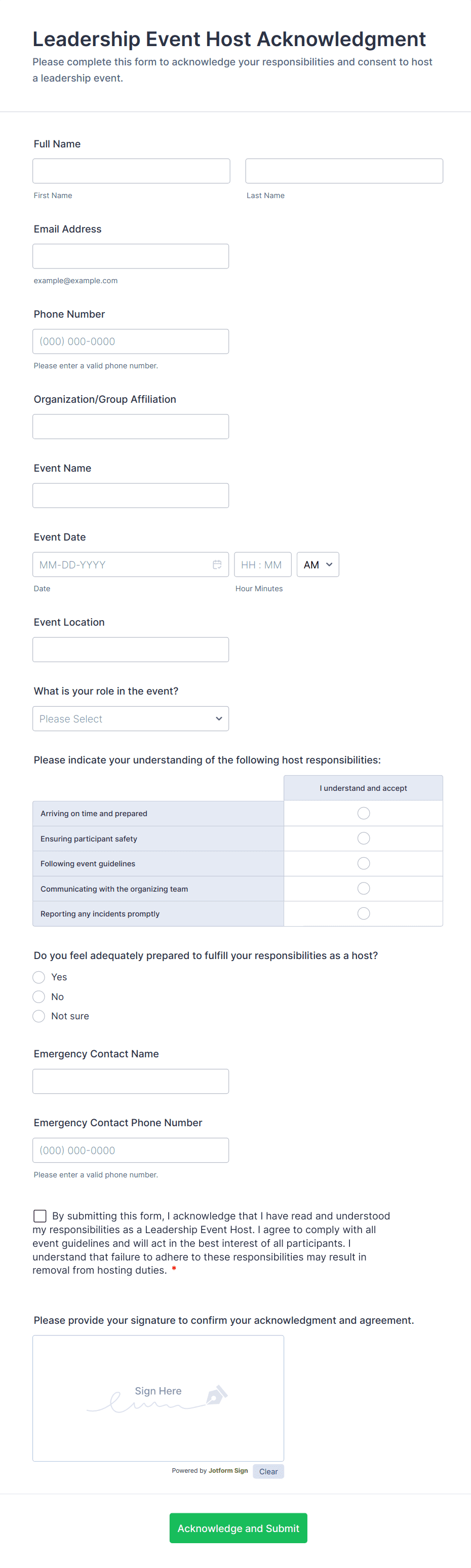 Leadership Event Host Acknowledgment Form Template | Jotform