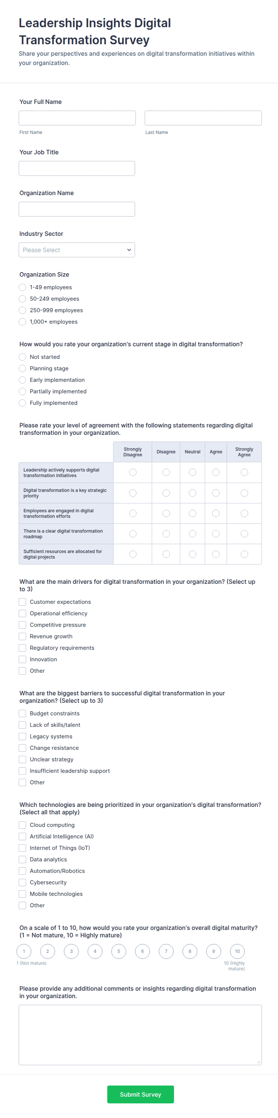 Leadership Insights Digital Transformation Survey Form Template | Jotform