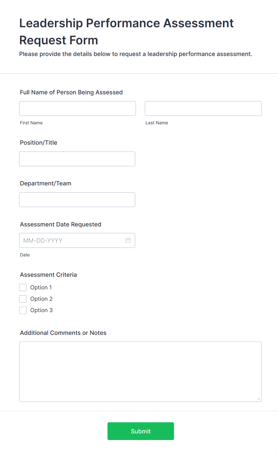 Leadership Performance Assessment Request Form Template | Jotform