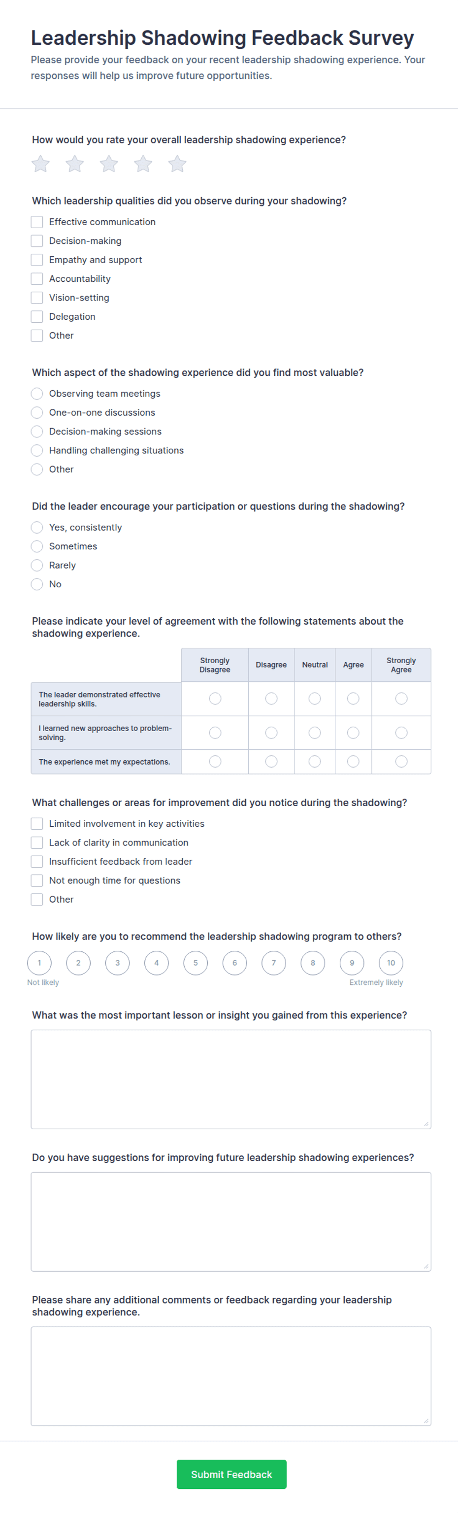 Leadership Shadowing Feedback Survey Form Template | Jotform