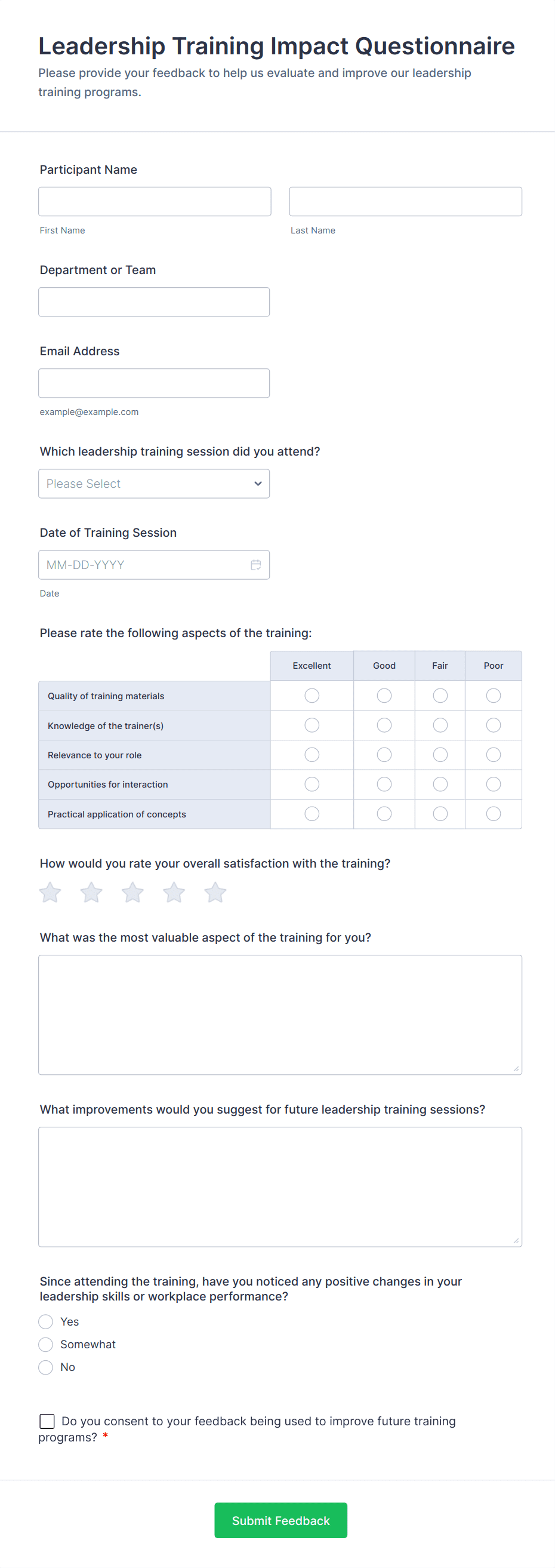 Leadership Training Impact Questionnaire Form Template | Jotform