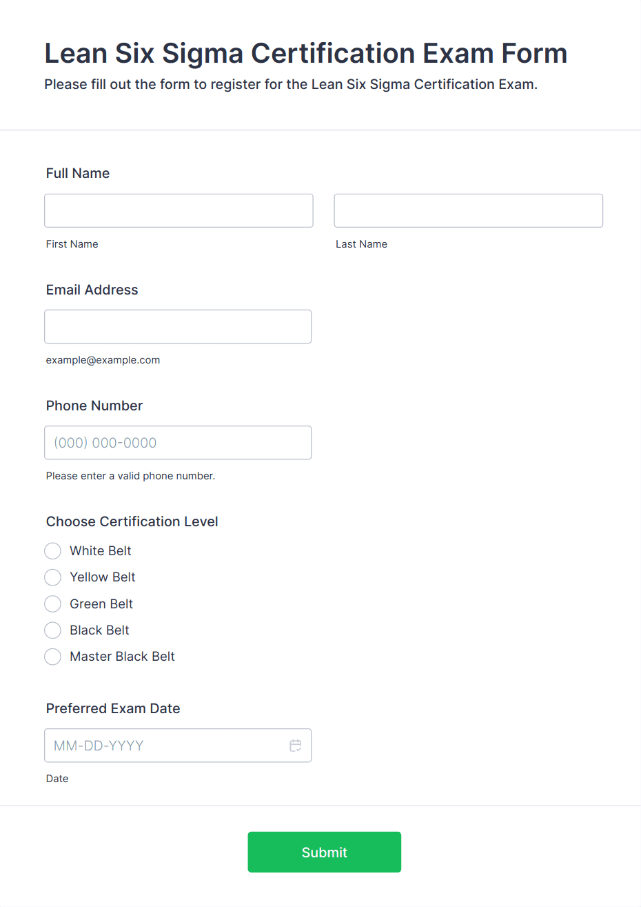 Lean Six Sigma Certification Exam Form Template | Jotform