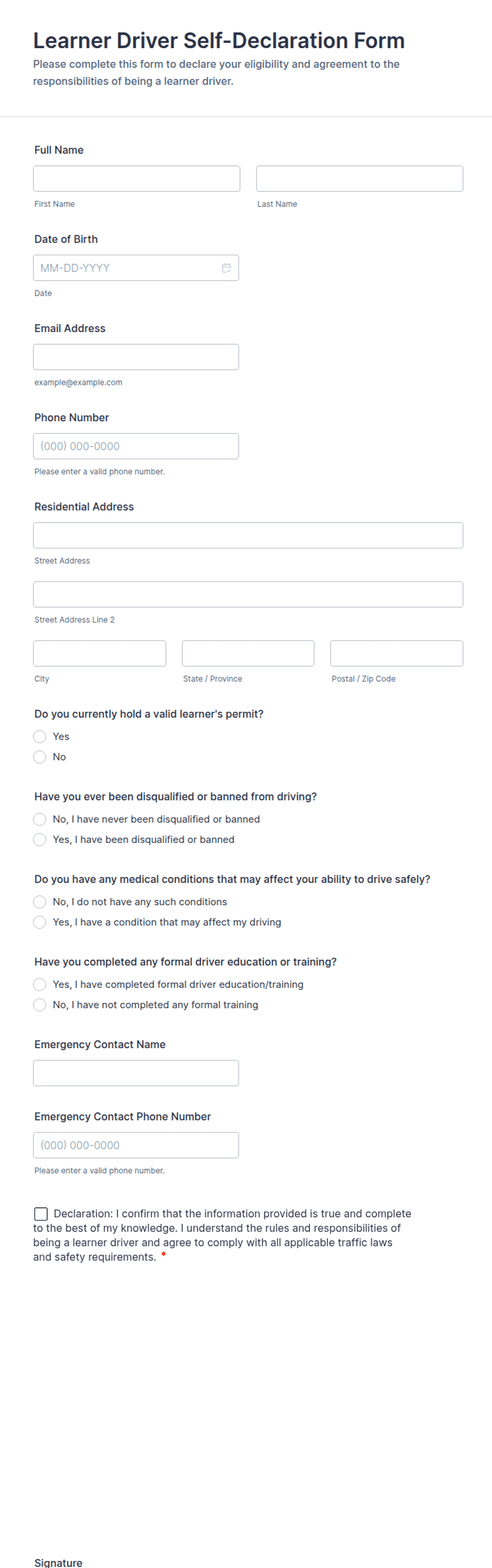 Learner Driver Self-Declaration Form Template | Jotform