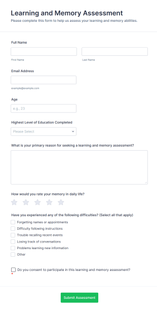 Learning and Memory Assessment Form Template | Jotform