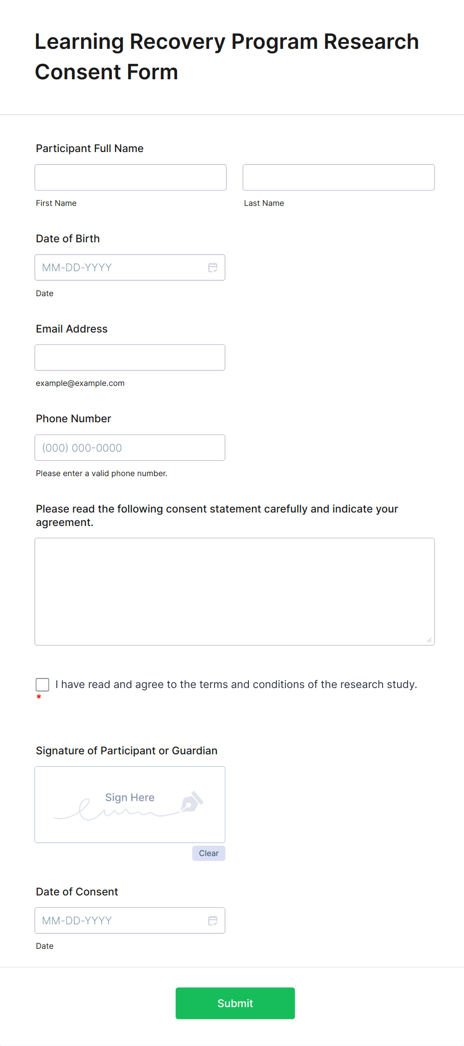 Learning Recovery Program Research Consent Form Template | Jotform