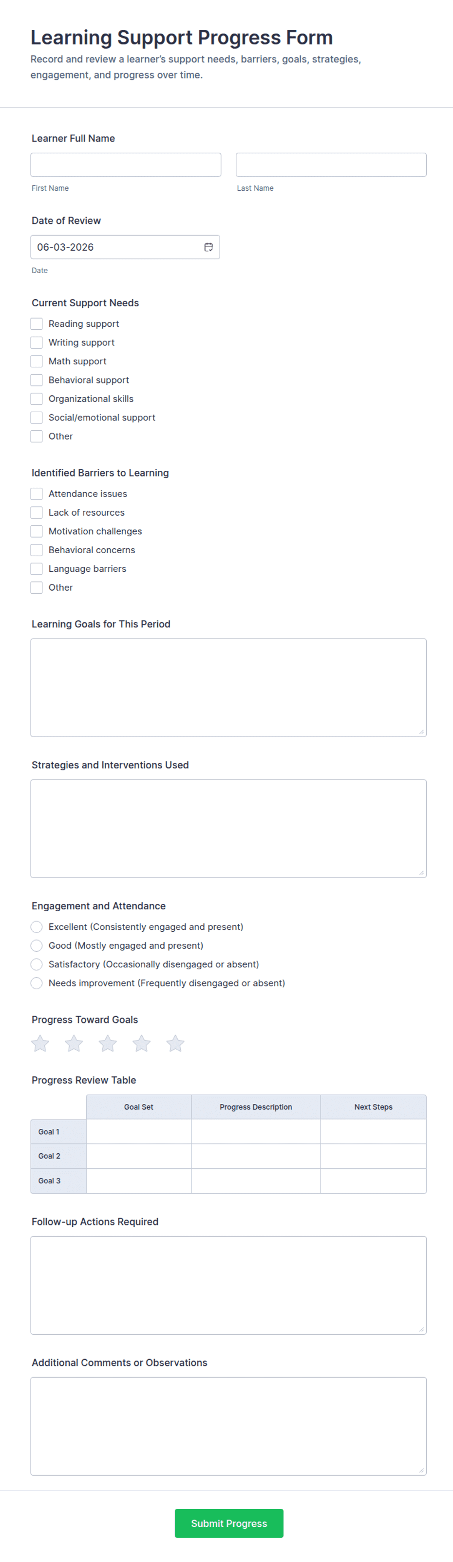 Learning Support Progress Form Template | Jotform