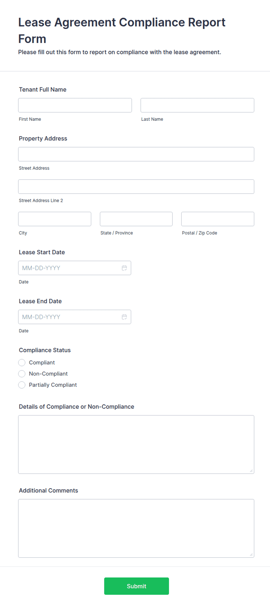 Lease Agreement Compliance Report Form Template | Jotform