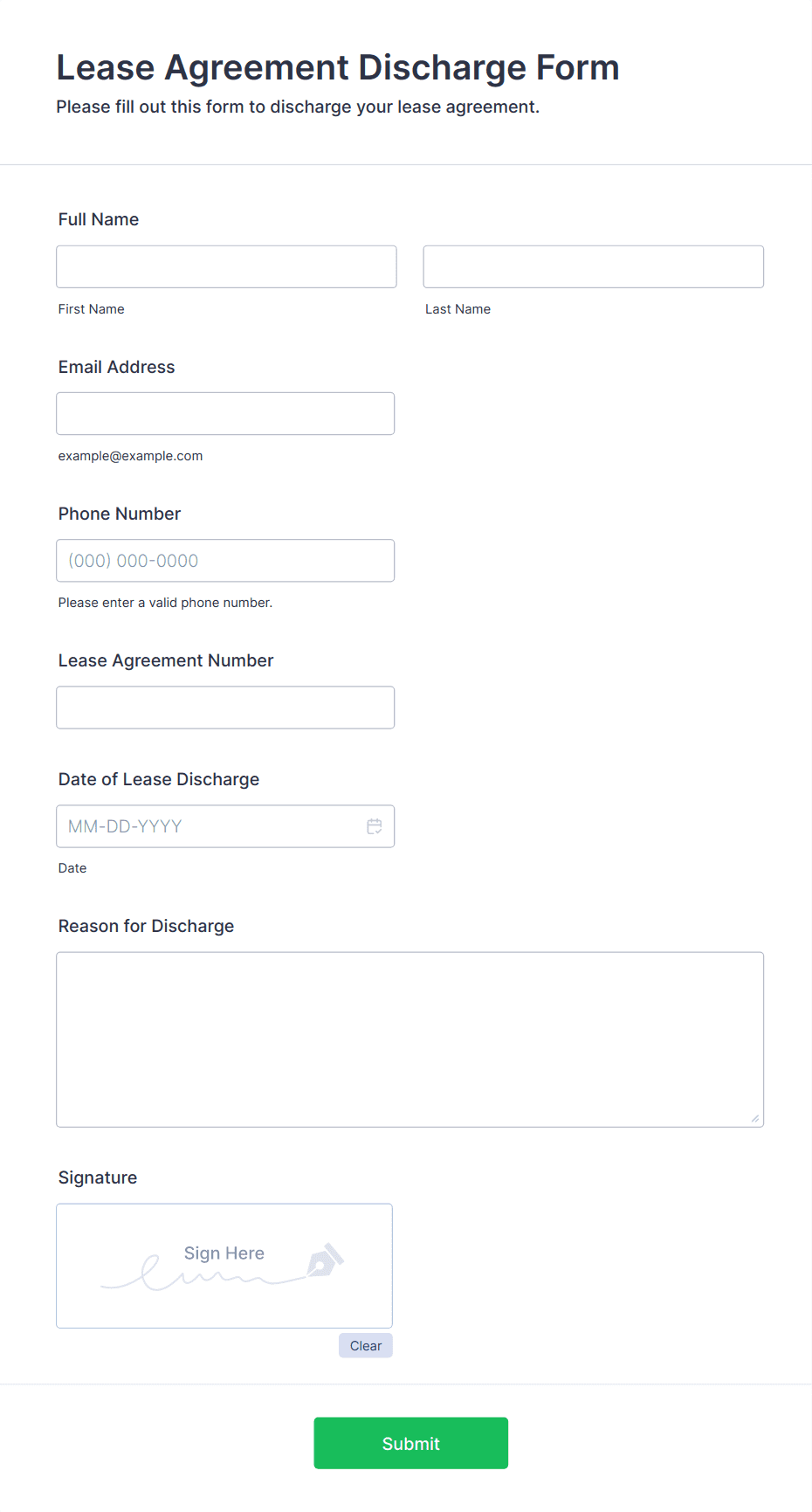 Lease Agreement Discharge Form Template | Jotform