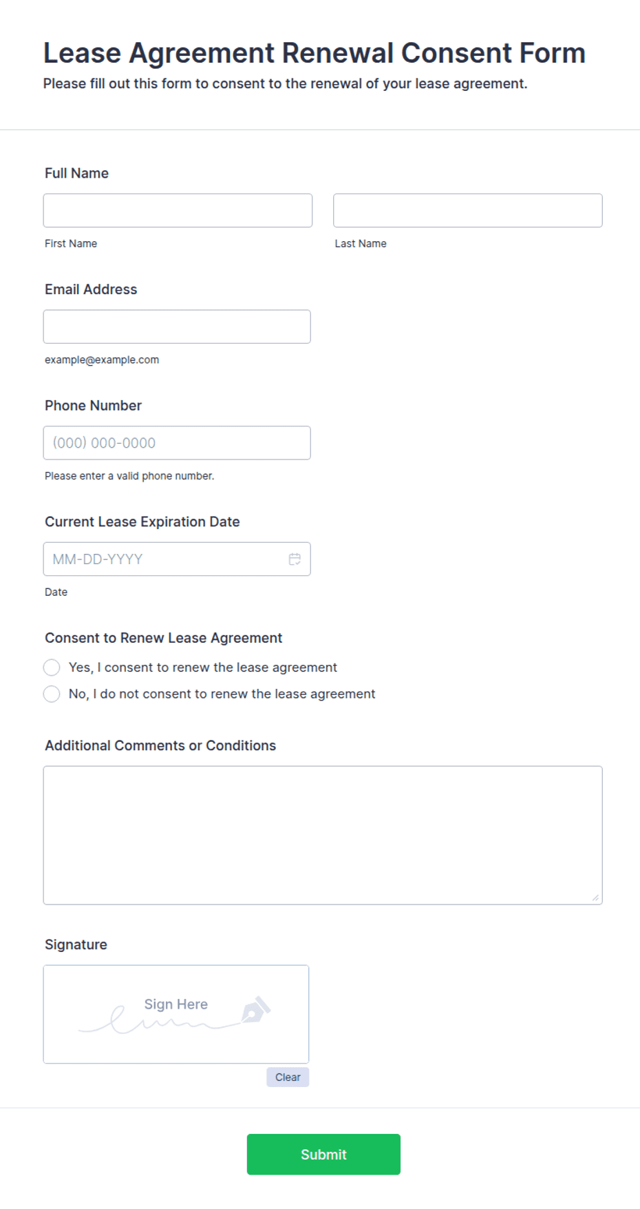 Lease Agreement Renewal Consent Form Template | Jotform