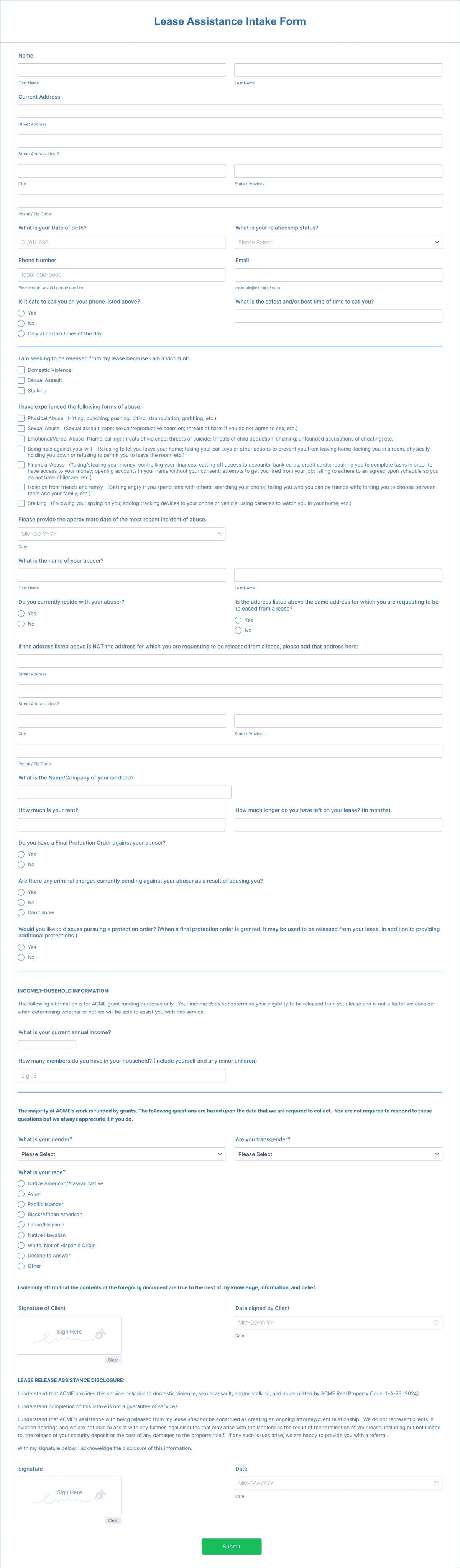 Lease Assistance Intake Form Template | Jotform