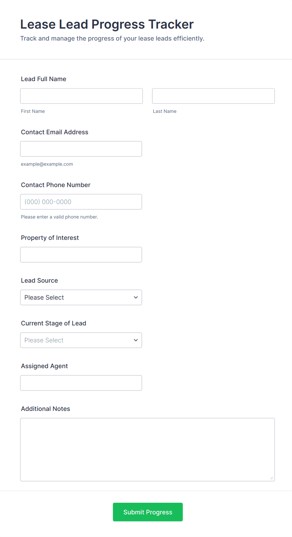 Lease Lead Progress Tracker Form Template | Jotform