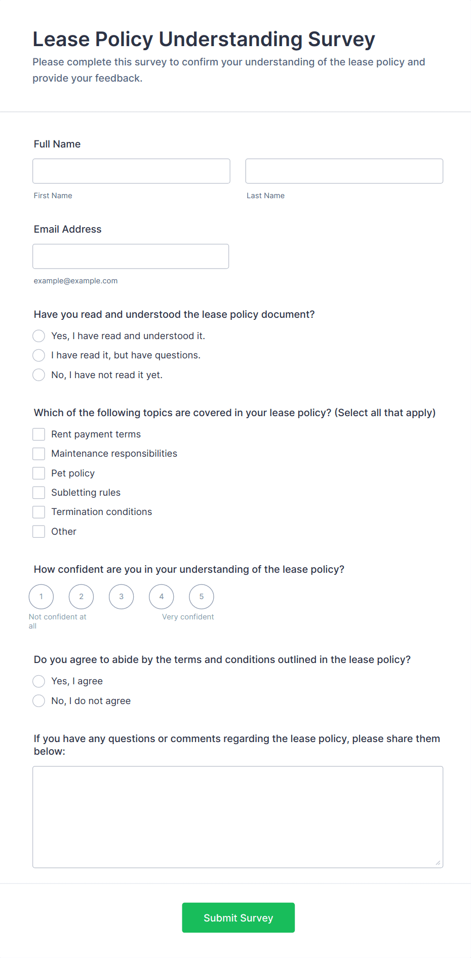 Lease Policy Understanding Survey Form Template | Jotform