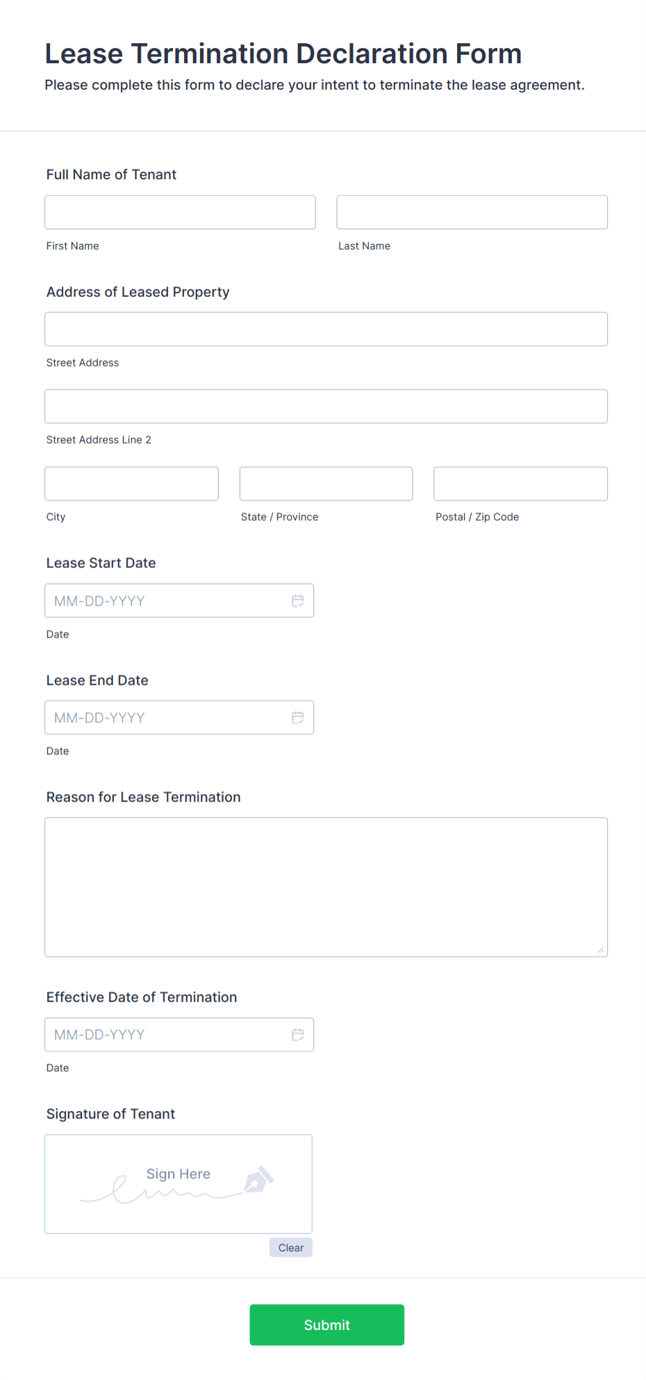 Lease Termination Declaration Form Template | Jotform