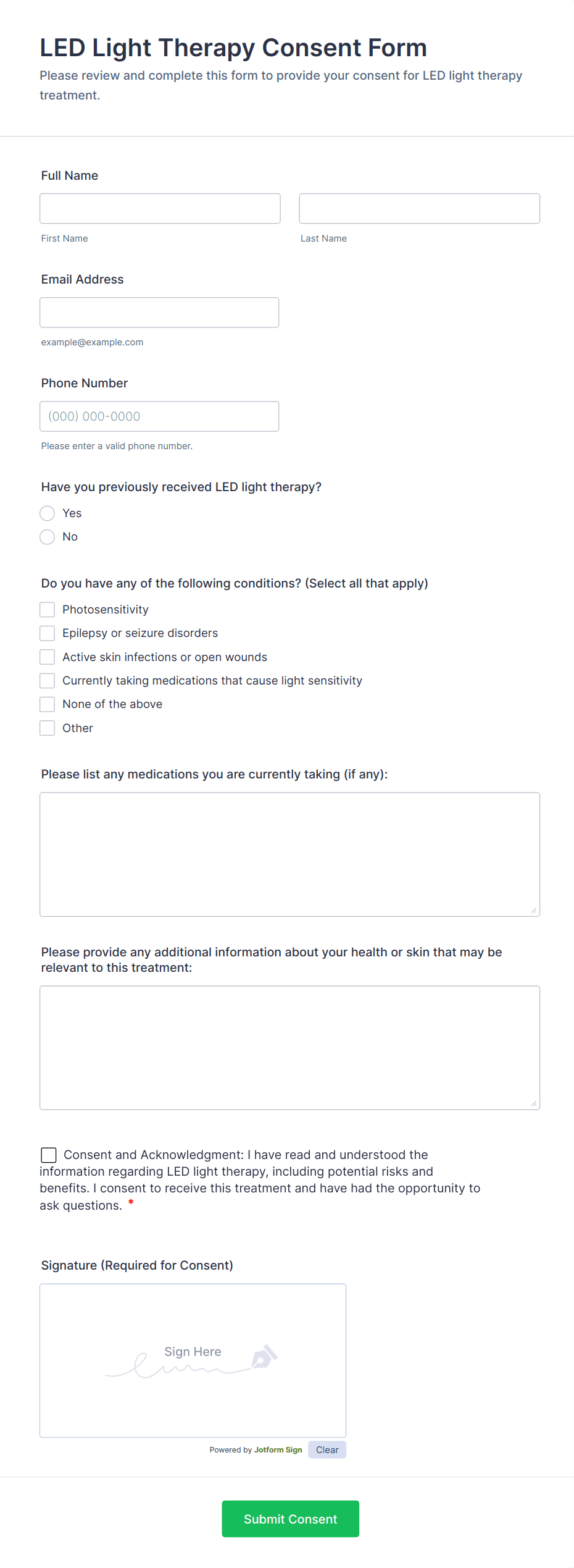 LED Light Therapy Consent Form Template | Jotform