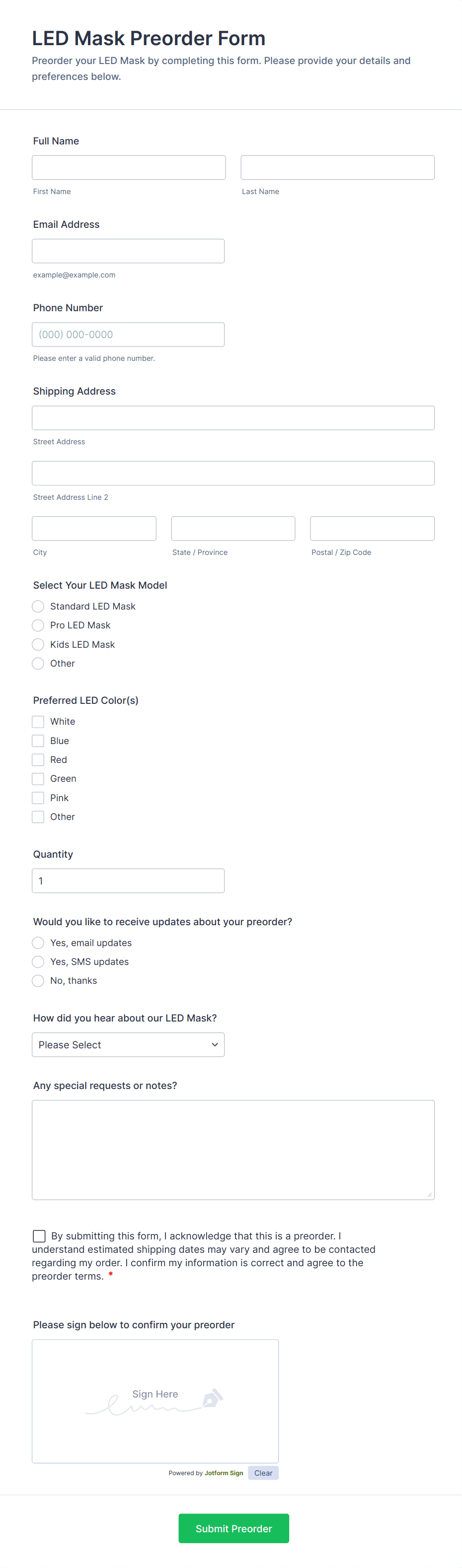LED Mask Preorder Form Form Template | Jotform