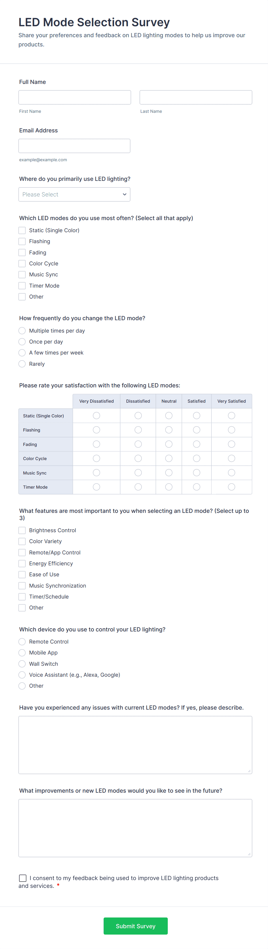LED Mode Selection Survey Form Template | Jotform