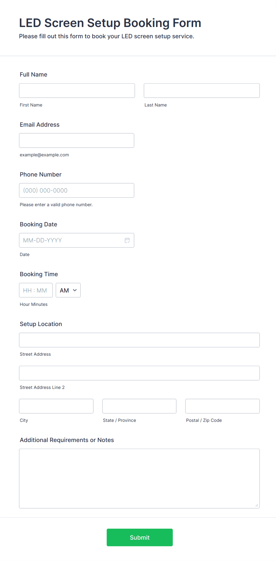 LED Screen Setup Booking Form Template | Jotform
