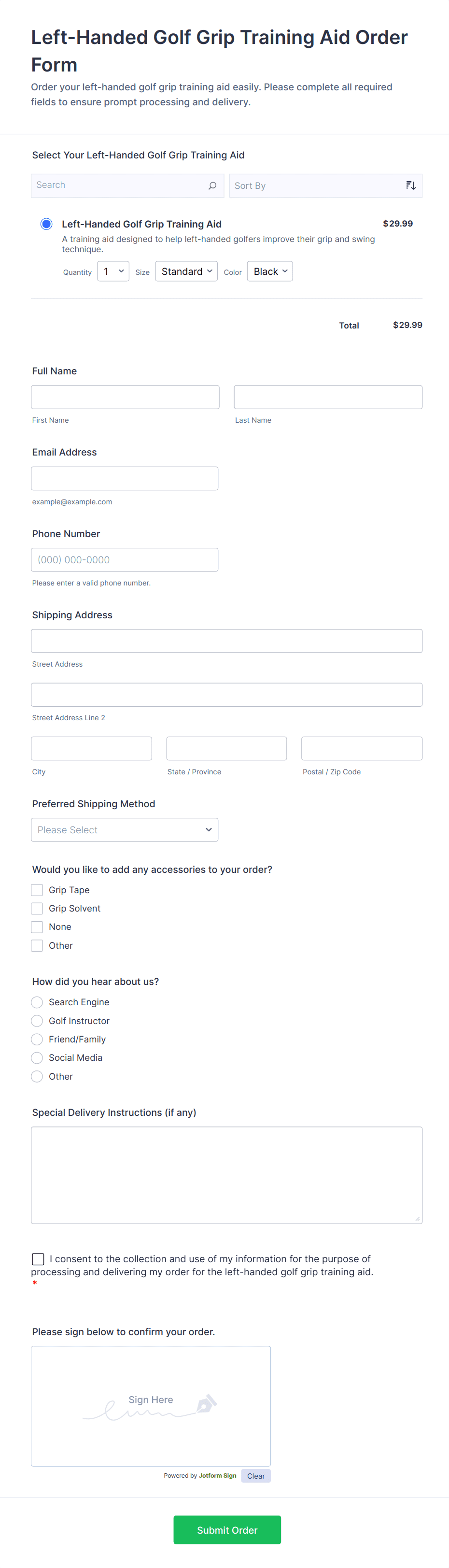 Left-Handed Golf Grip Training Aid Order Form Template | Jotform