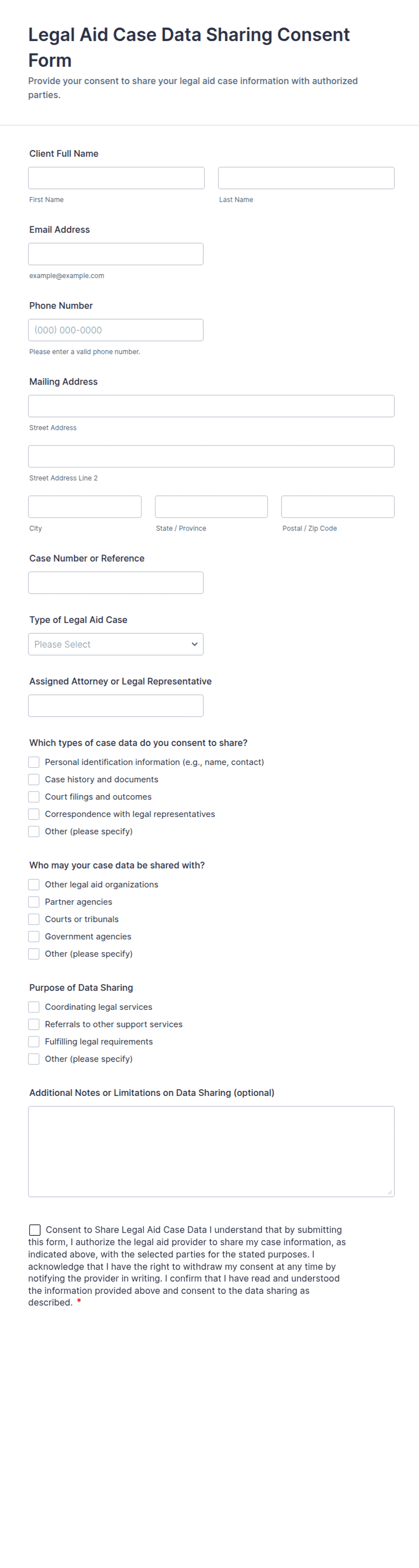 Legal Aid Case Data Sharing Consent Form Template | Jotform
