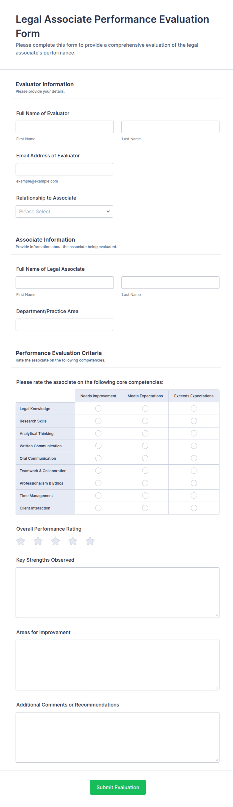 Legal Associate Performance Evaluation Form Template | Jotform