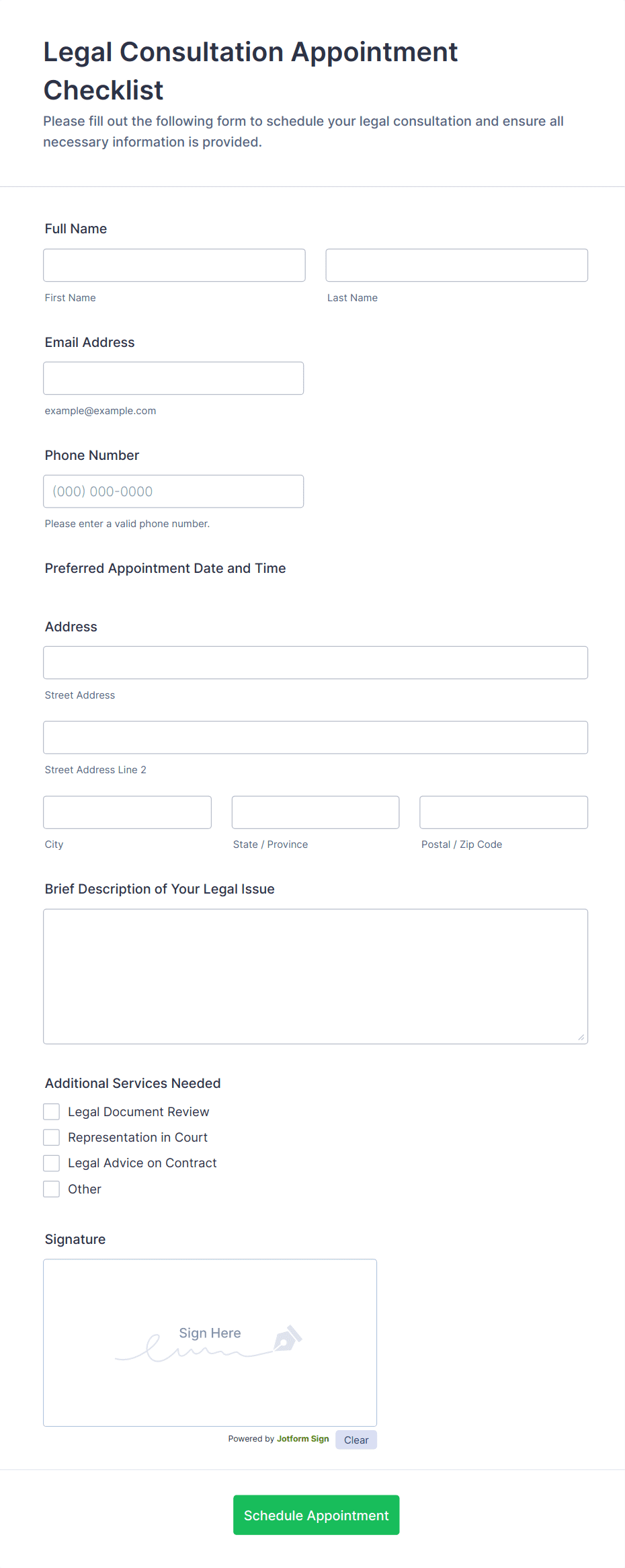 Legal Consultation Appointment Checklist Form Template | Jotform