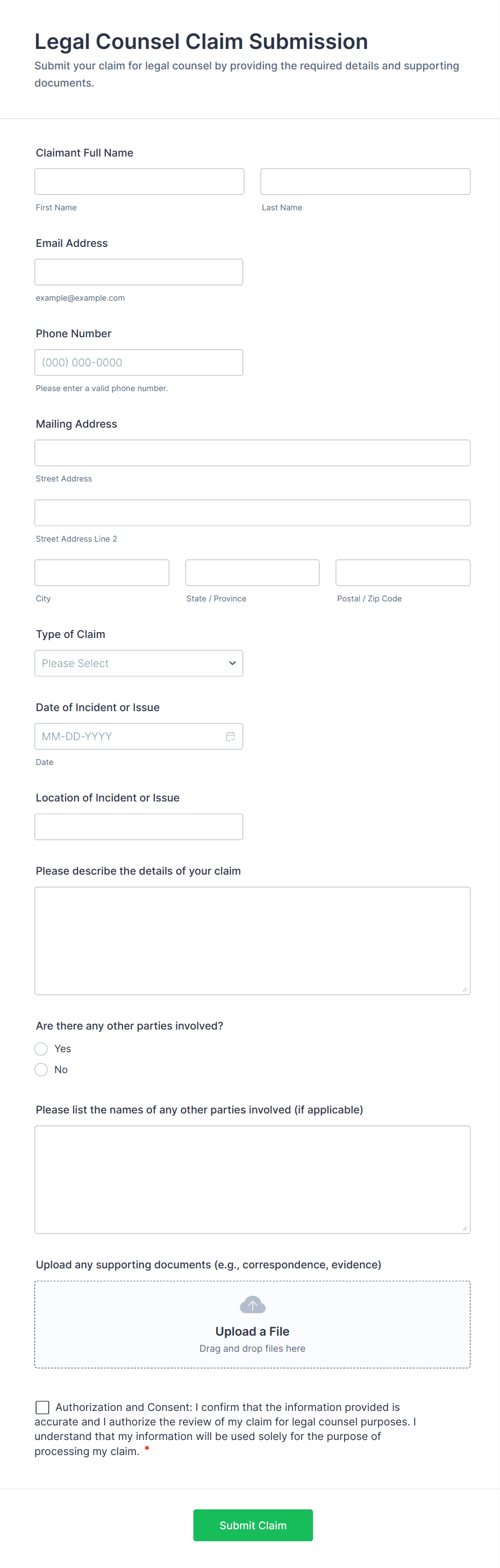Legal Counsel Claim Submission Form Template | Jotform