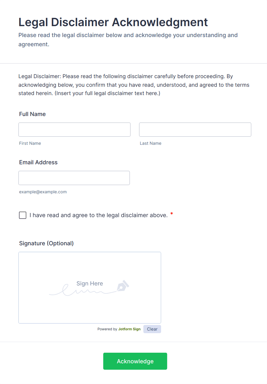 Legal Disclaimer Acknowledgment Form Template | Jotform